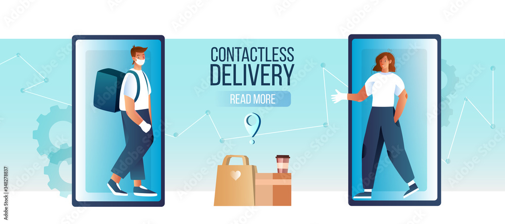 Contactless delivery concept with smartphone screens, male courier and ...