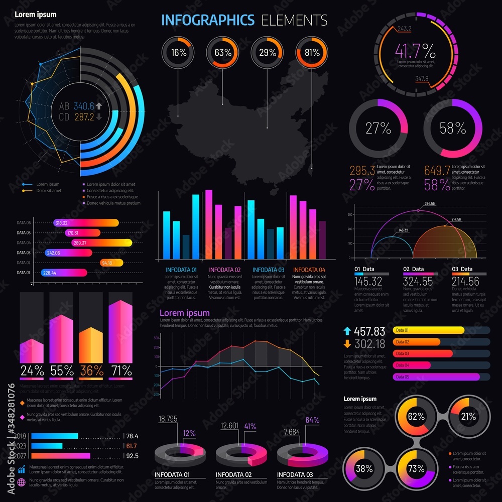 Infographics elements with vector graphs and charts. Business ...