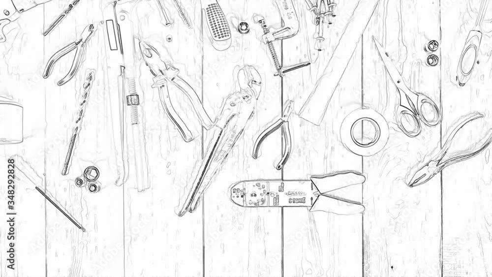 Tool kit animation of an outline drawing a hand tool. Various tools ...