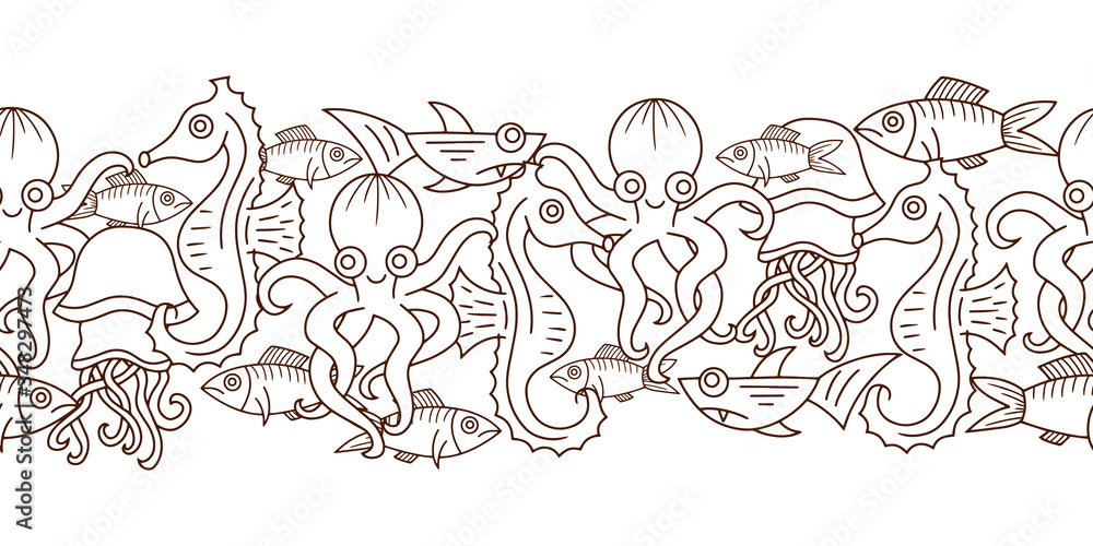 Outline underwater animals seamless border. Octopus, shark, jellyfish ...