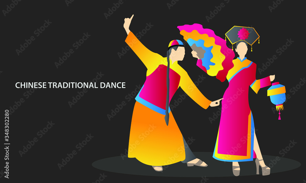 Vector illustration of a Chinese dance couple performing a their ...