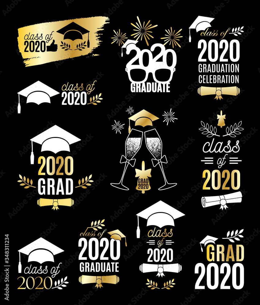 Graduation class of 2020 labels design set with golden elements ...