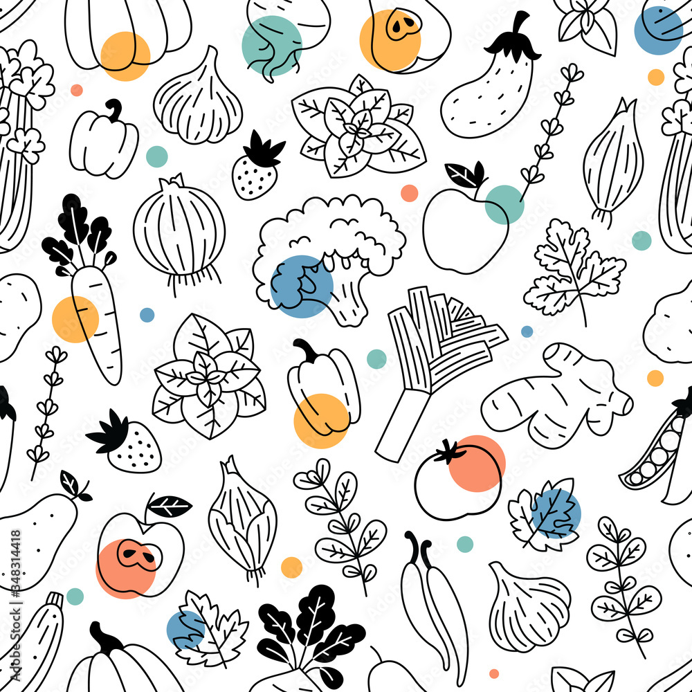 Vegetables seamless pattern. Linear graphic. Vegetables background ...