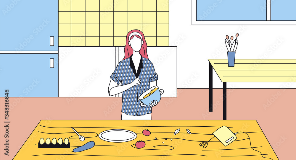 Cooking Culinary Show Concept. Young Girl Cooking Food At Kitchen. Chef ...