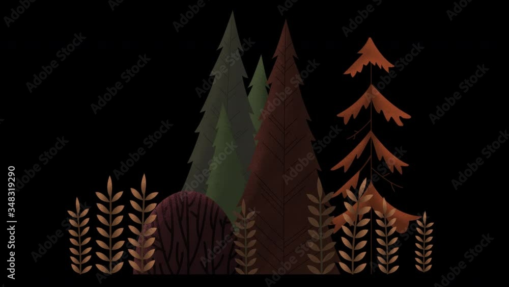 Seamless loop. Group of evergreen trees, grass and bushes swinging in ...