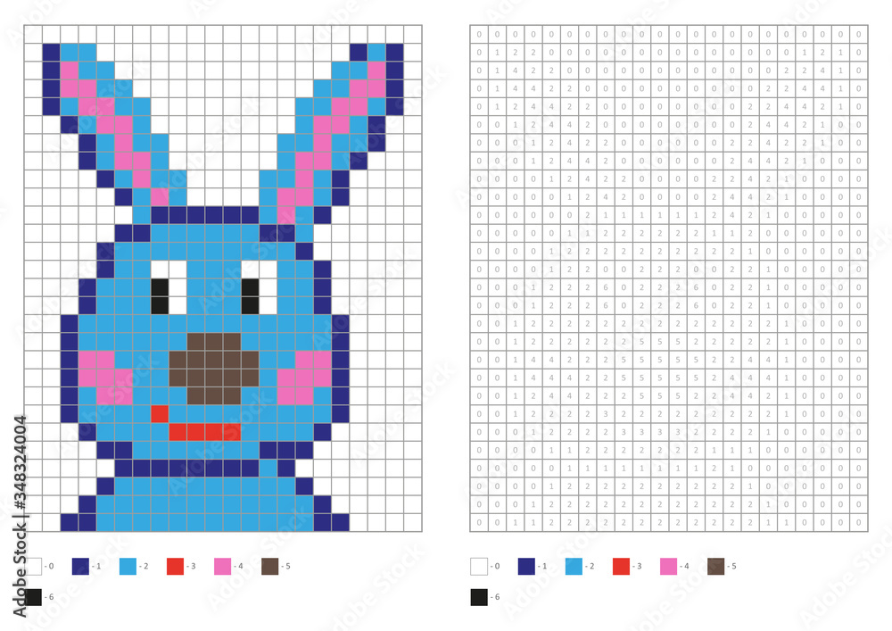 Kids coloring page, pixel coloring cartoon rabbit. Vector illustration ...