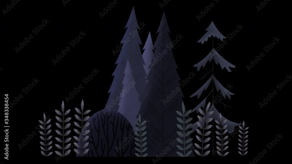 Seamless loop. Group of evergreen trees, grass and bushes swinging in ...