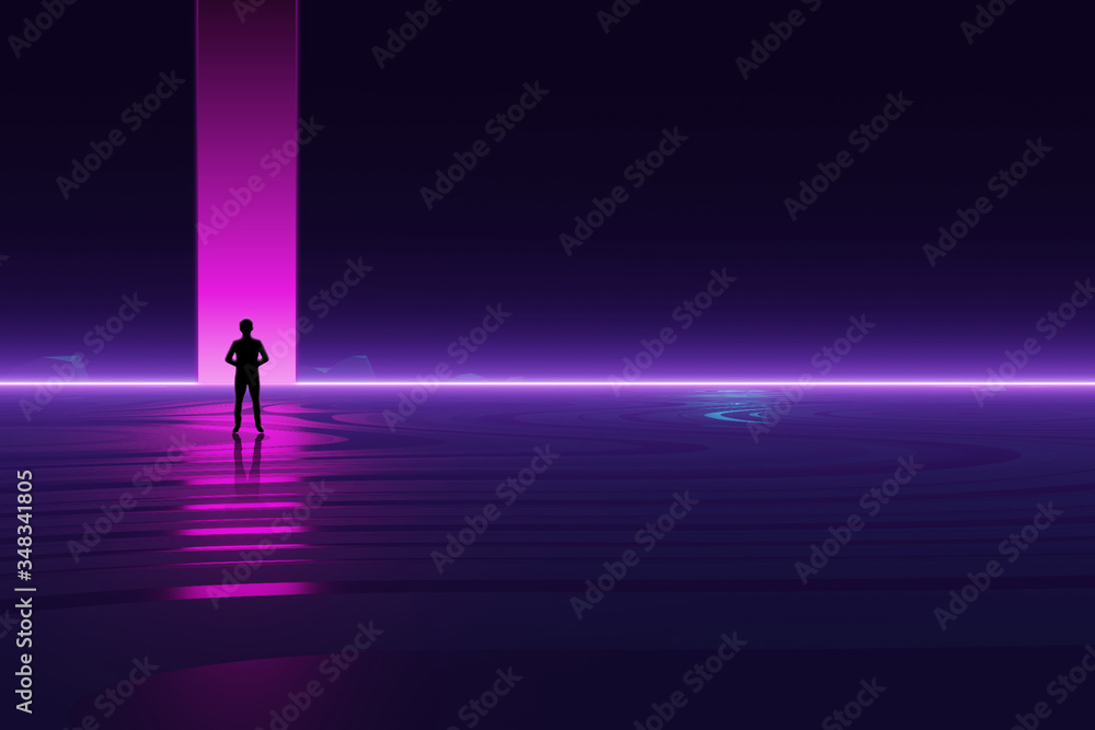 Empty background scene. rays of searchlights, neon blue and purple ...