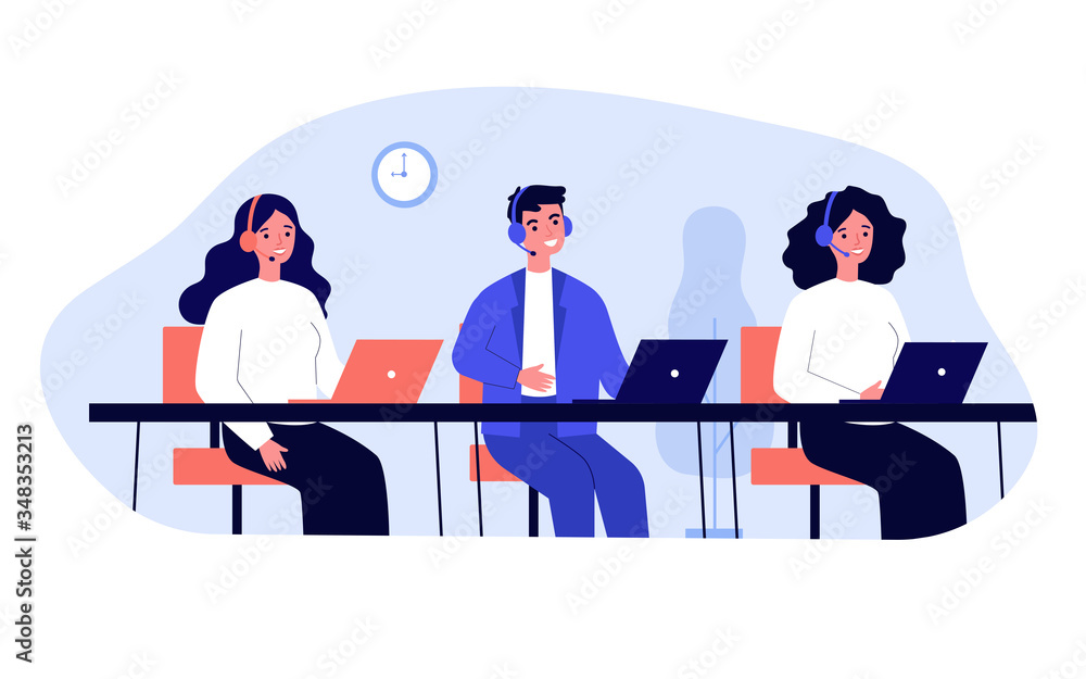 Smiling call center operators in office flat vector illustration ...