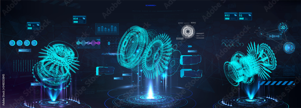 Head up display (HUD) with holograms 3D models parts. Turbine aircraft ...