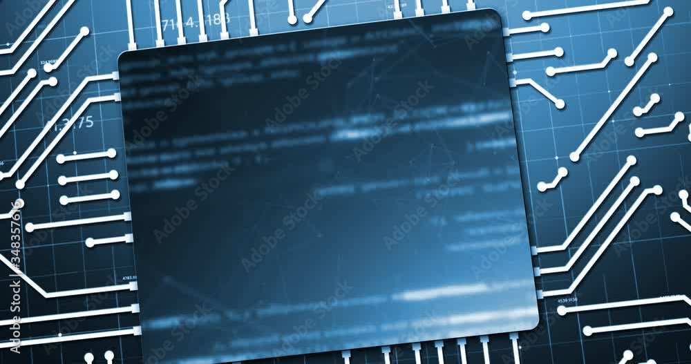 Computer blurry code screen writing animation on blue motherboard chip ...
