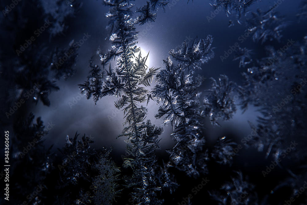 patterns on glass, frosty drawings in winter on a window, blue ...