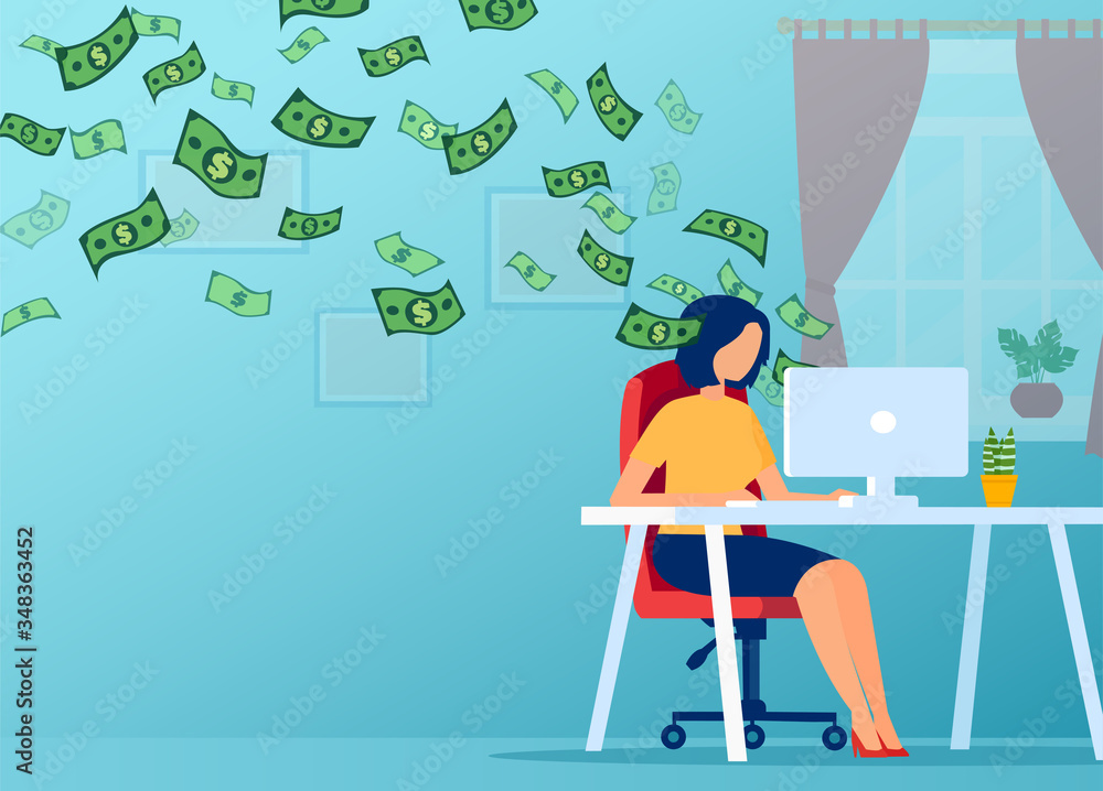 Vector of a woman working on computer from home and earnings money ...