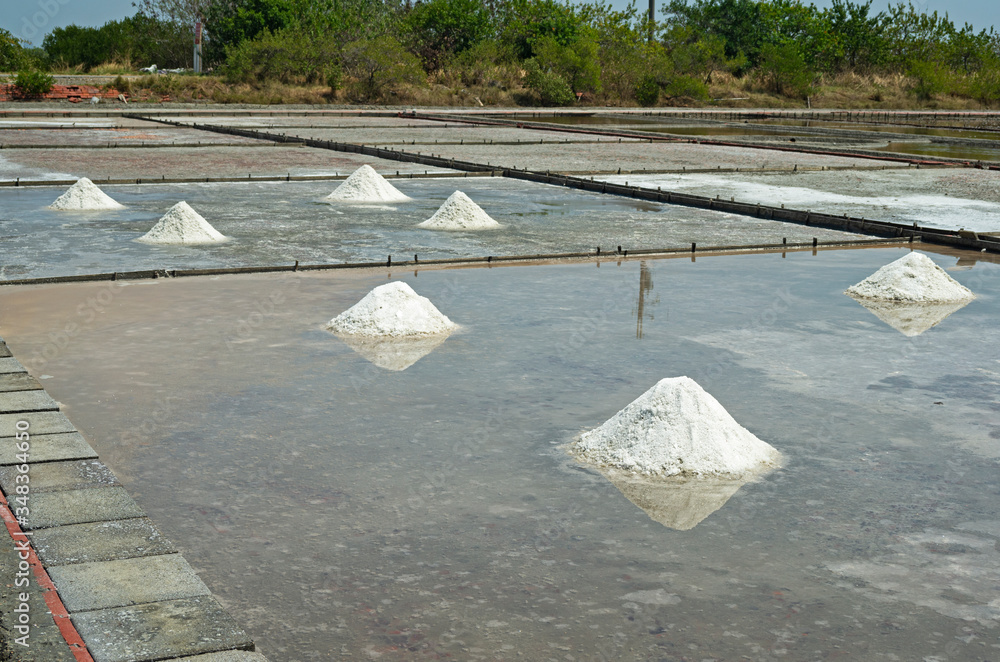 Dried salt at salt pan ready for harvesting in Tainan, Taiwan Salt pans ...