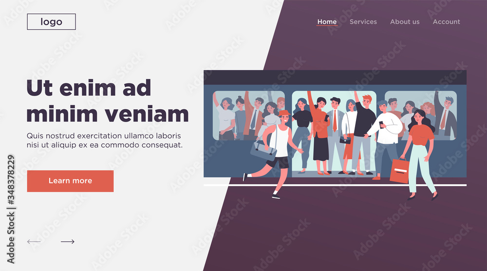 People hurrying into overcrowded train flat vector illustration ...