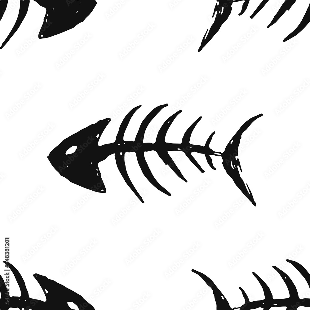 Fish bones Seamless pattern. Fish skeleton doodle, Hand drawn Cartoon ...