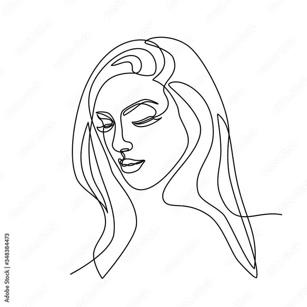 Continuous line drawing of woman's face set and hairstyles. Portrait of ...