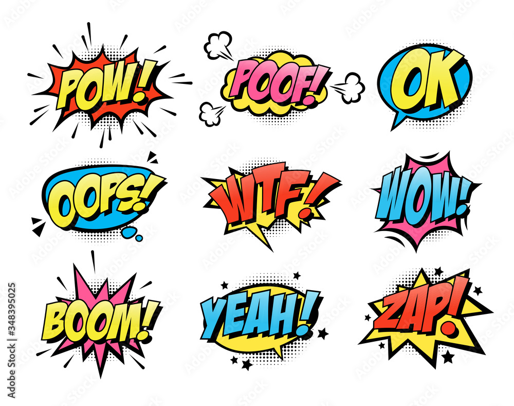 Comic burst text balloons flat icon collection. Cartoon smash and ...