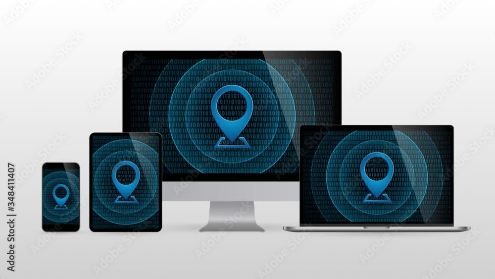 Computer devices with location pin. Realistic set monitors desktop ...