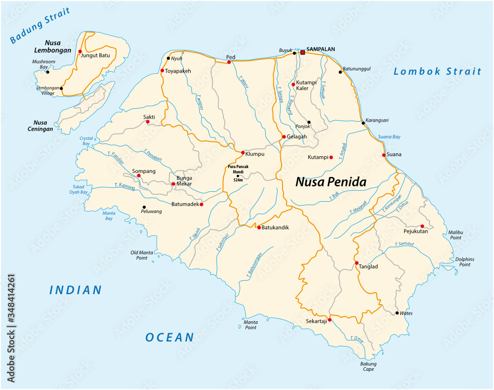Vector map of the Indonesian island of Nusa Penida located east of Bali ...