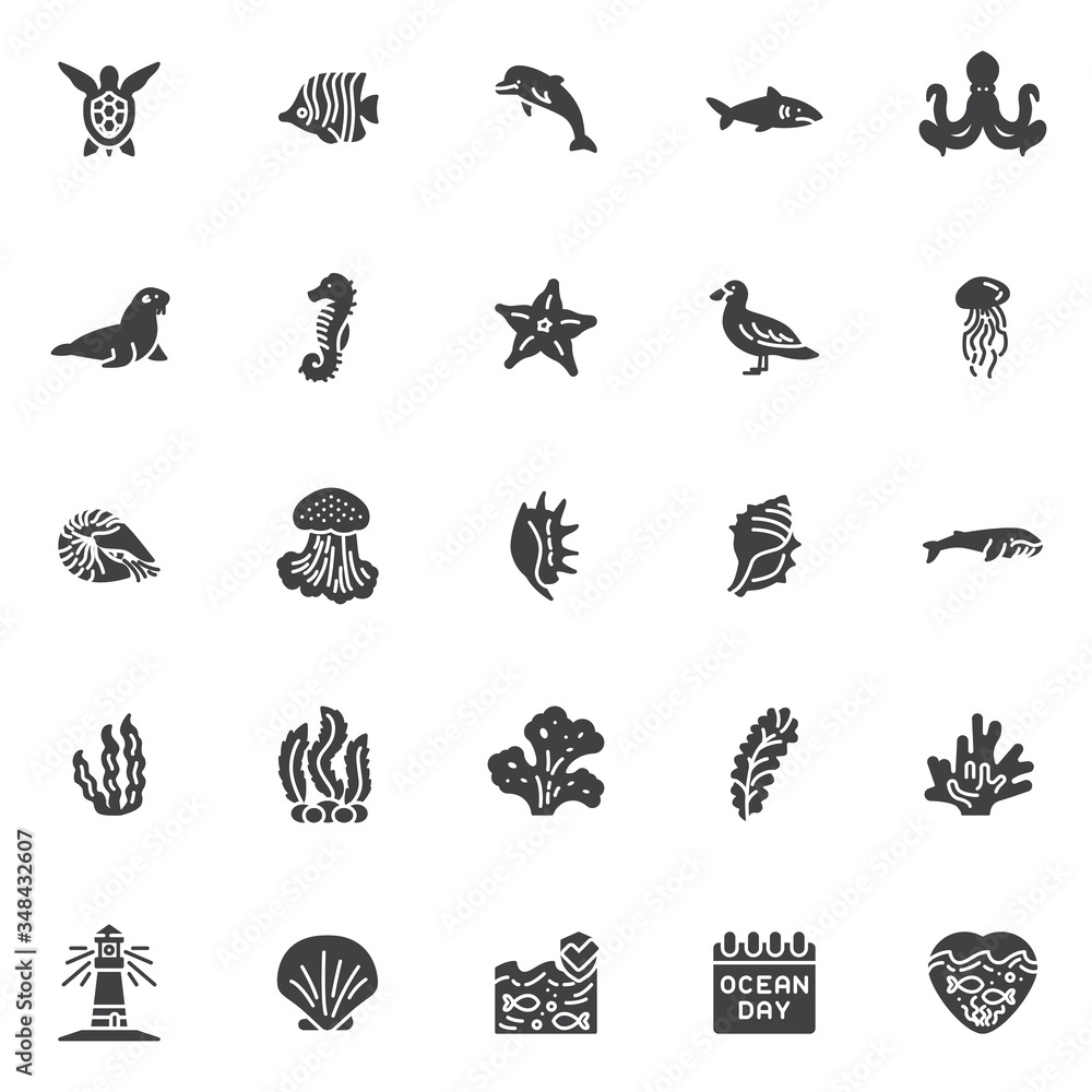 Marine life vector icons set, World ocean day modern solid symbol ...
