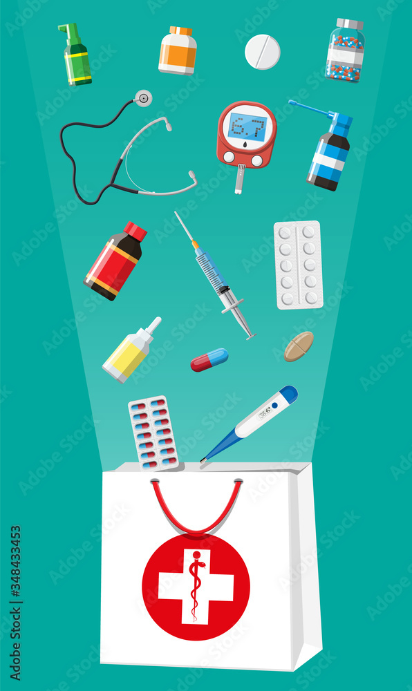 Medicine collection in bag. Set of bottles, tablets, pills, capsules ...