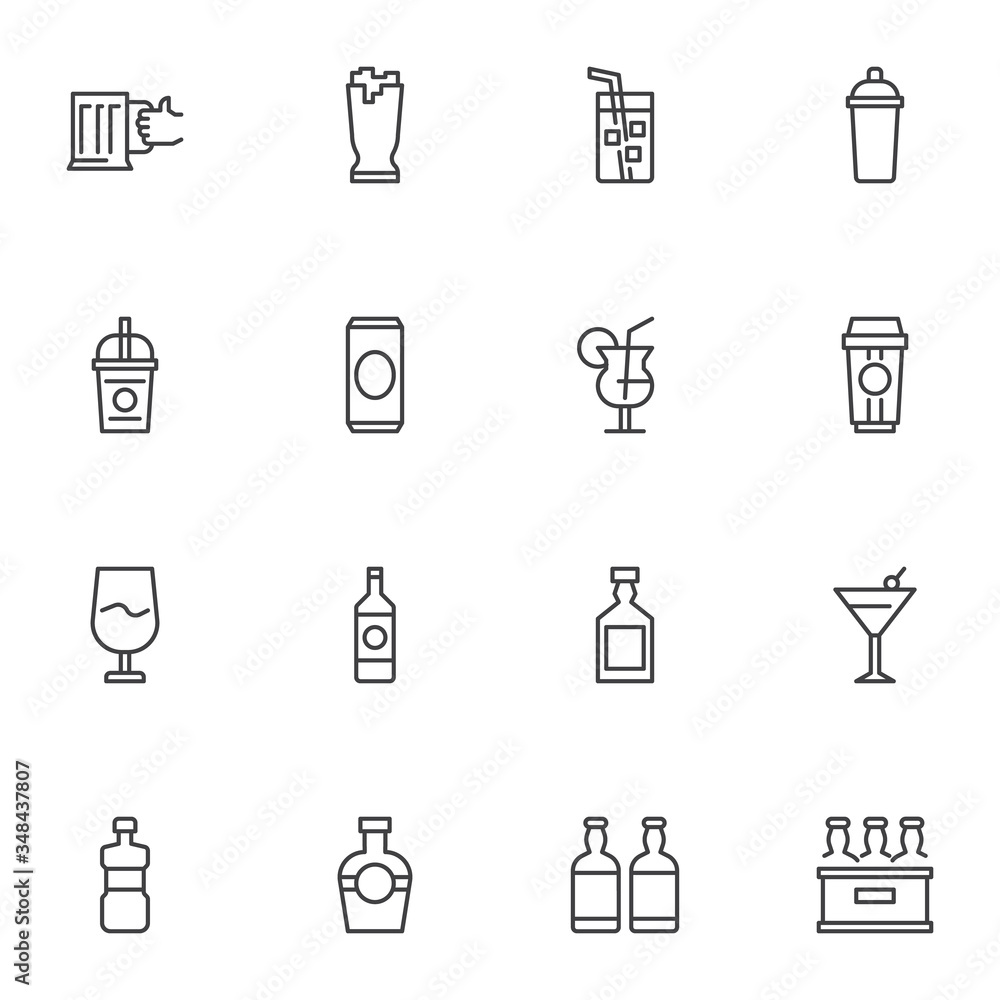 Pub beverages line icons set, alcoholic drinks outline vector symbol ...