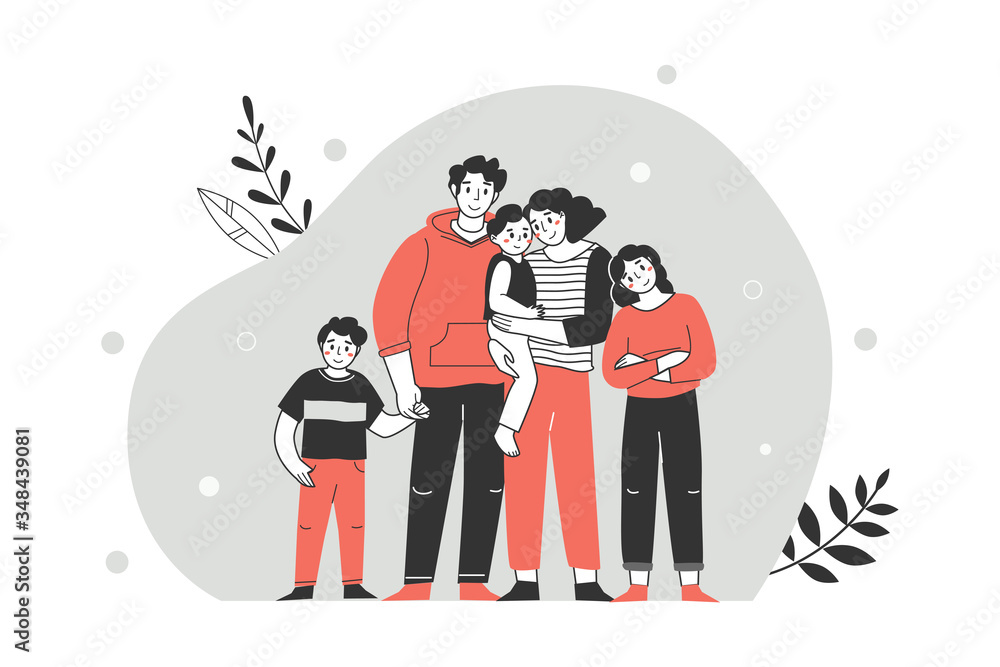 Happy large family portrait. Father, mother holding the youngest child ...