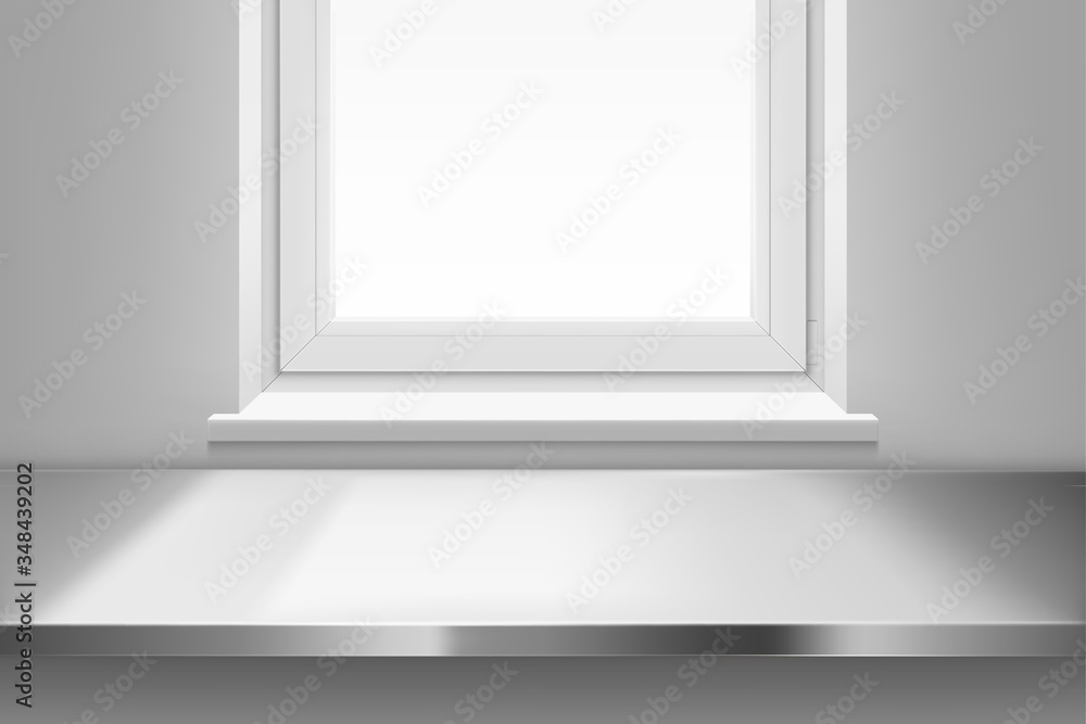 Steel table surface top view front of window with sun light on white ...