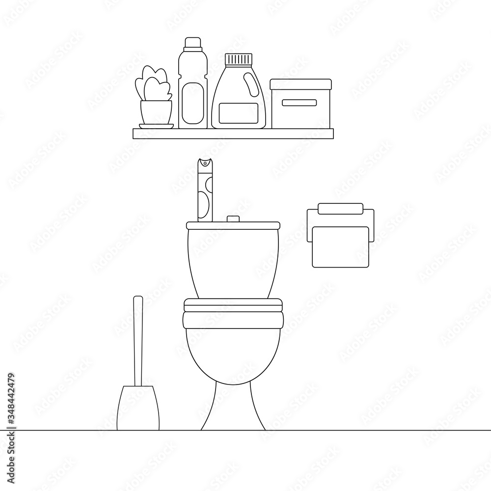 Restroom line art interior with furniture isolated on white background ...