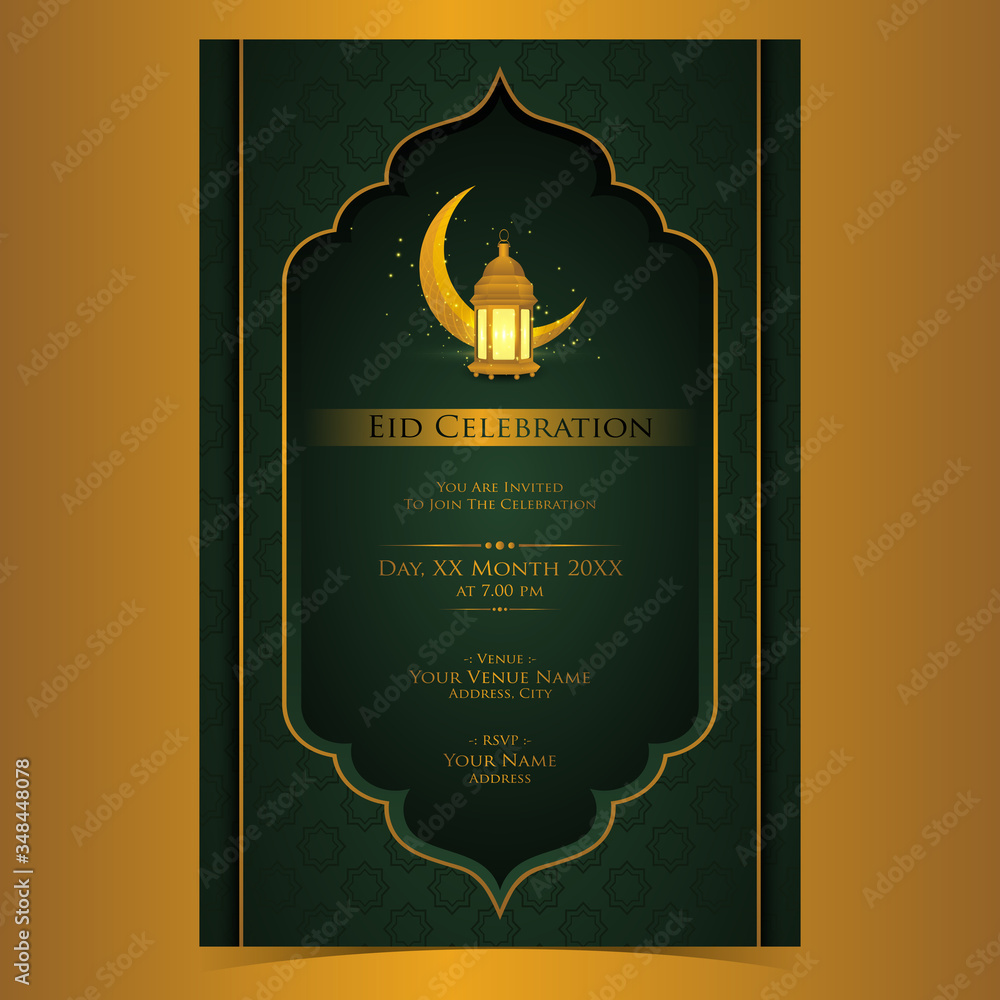 Eid Invitation Card Islamic Green Color with decorated Golden Text Eid ...