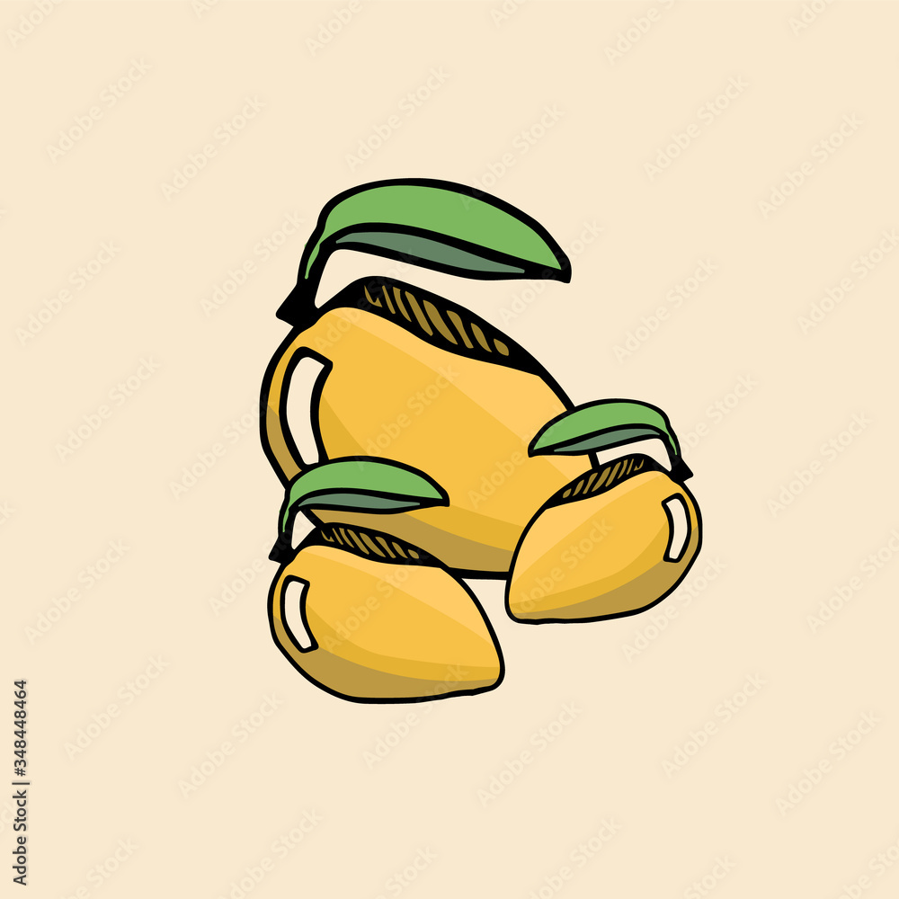 Three yellow mangoes with a branch and leaf of different sizes. Vector ...