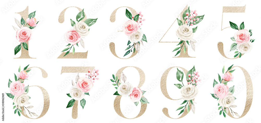 Floral gold numbers set with watercolor flowers and leaves. Perfectly ...