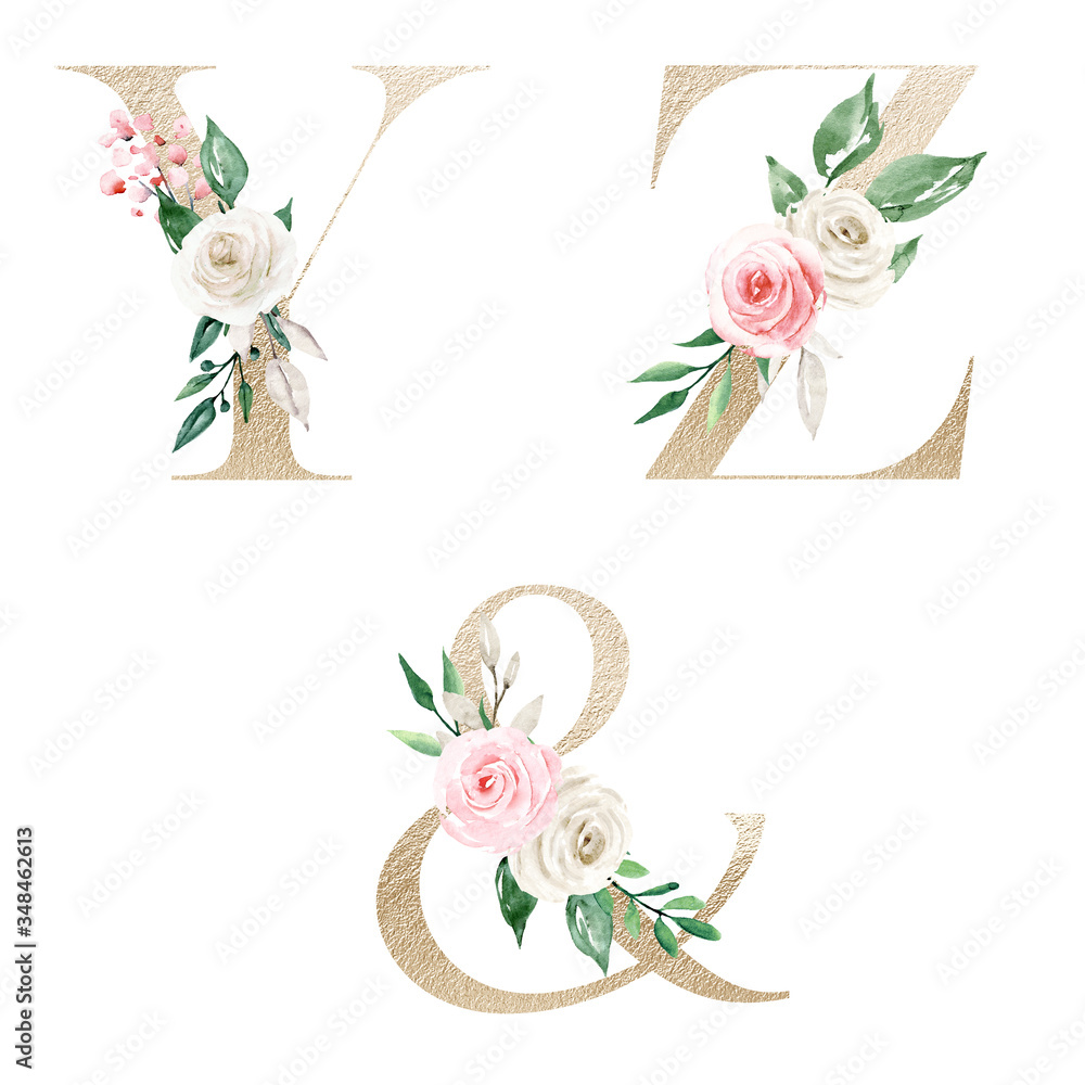 Floral gold alphabet, letters with watercolor flowers and leaves ...