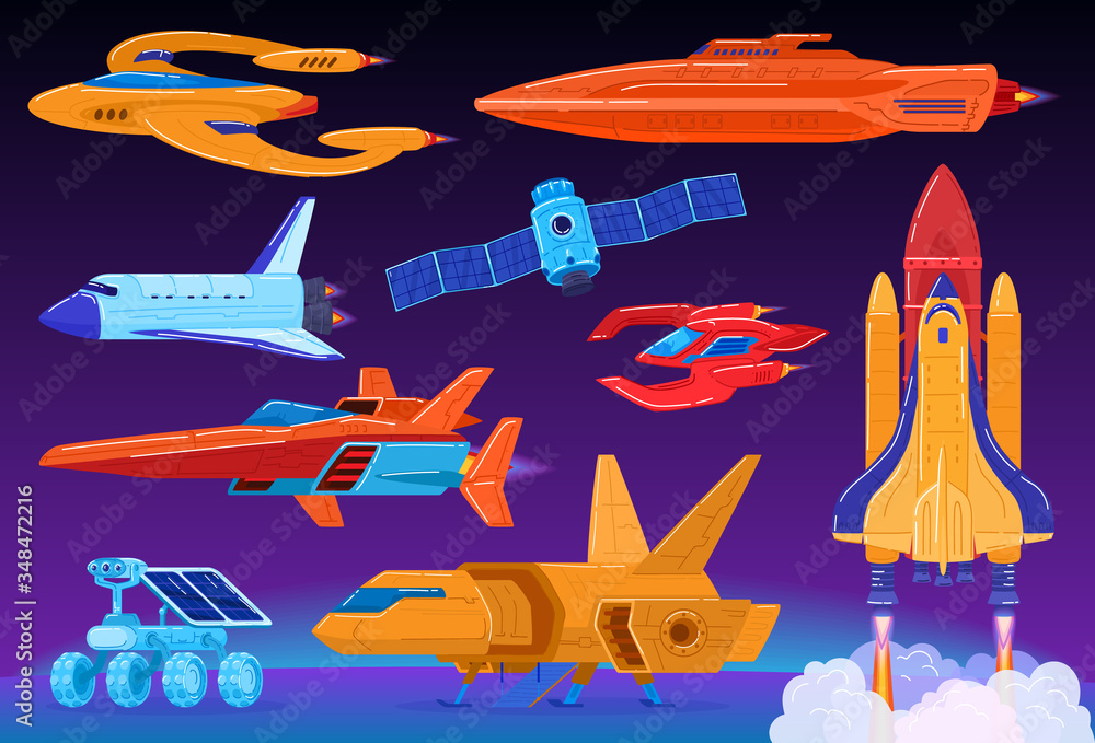 Space transport set, science fiction spaceship and shuttle launch ...