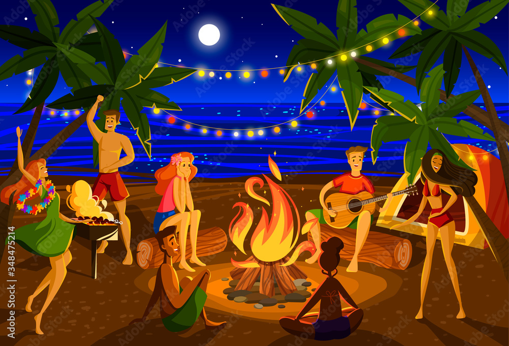 Young people at beach night party, cartoon characters around campfire ...