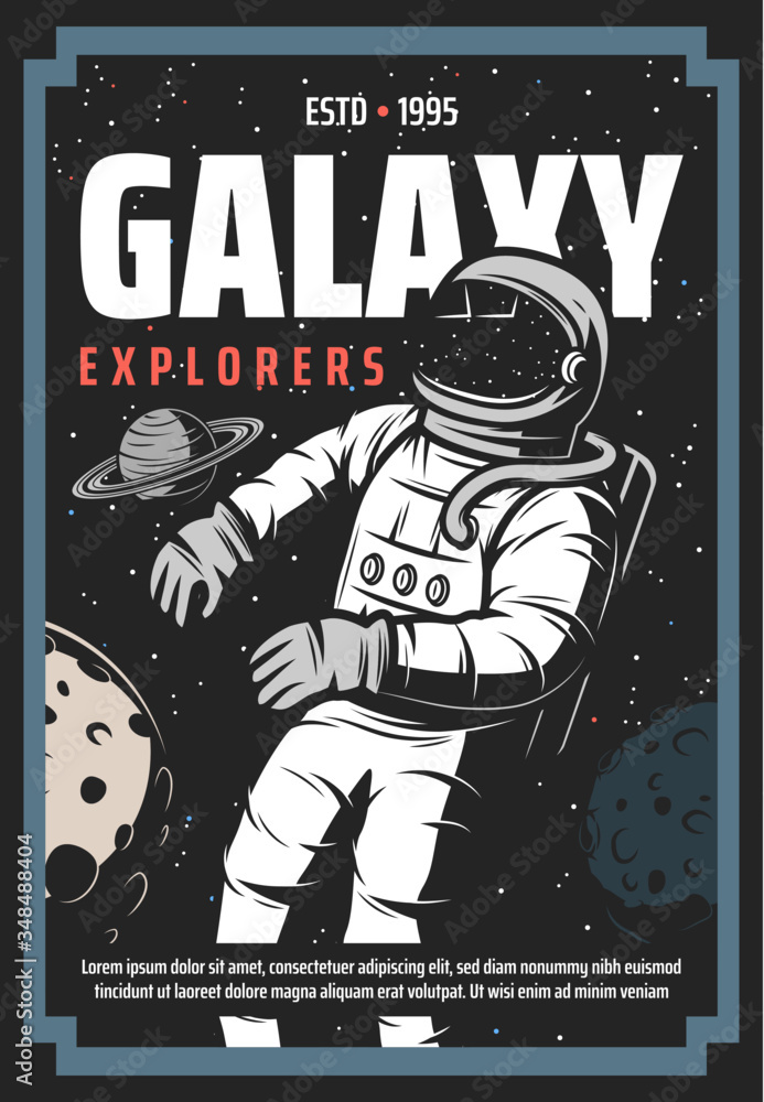 Astronaut in outer space, universe exploration retro poster. Cosmonaut ...
