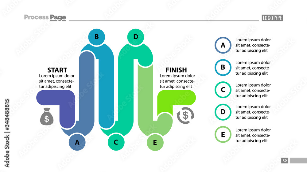 Five elements process chart slide template. Business data. Point ...