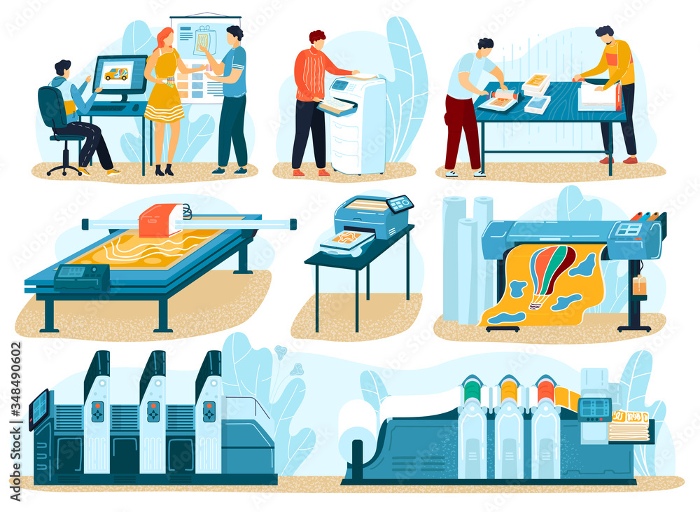 Printing process, people in typography print-shop, print equipment for ...