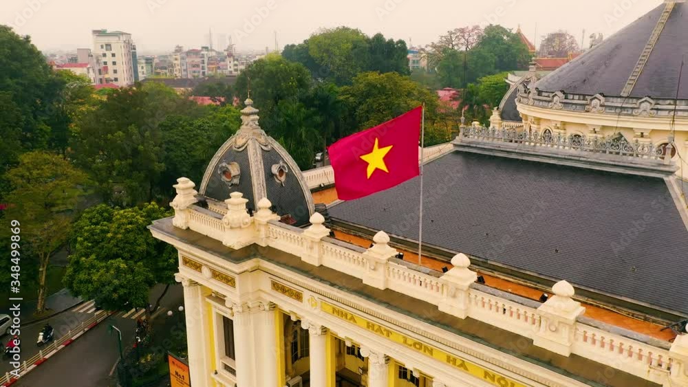 HANOI, VIETNAM - APRIL, 2020: Aerial top view of the roof of the opera ...
