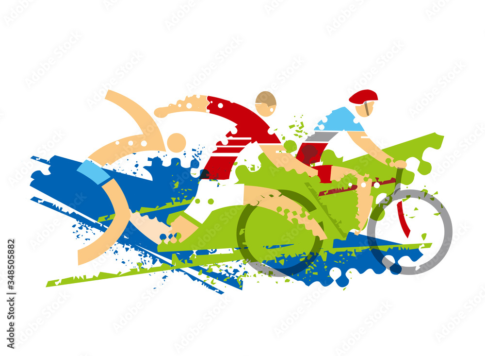 Triathlon Race, fitness outdoor activities. Expressive dynamic drawing ...