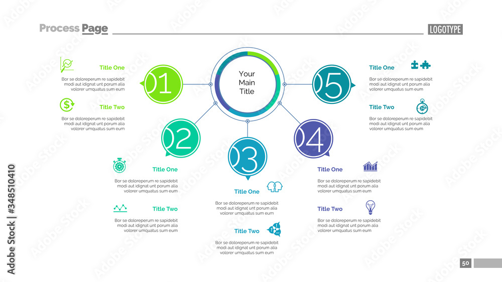 Five points process chart slide template. Business data. Structure ...