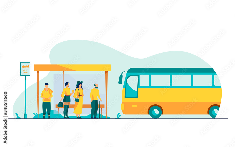 Passengers waiting for public transport at bus stop flat vector ...