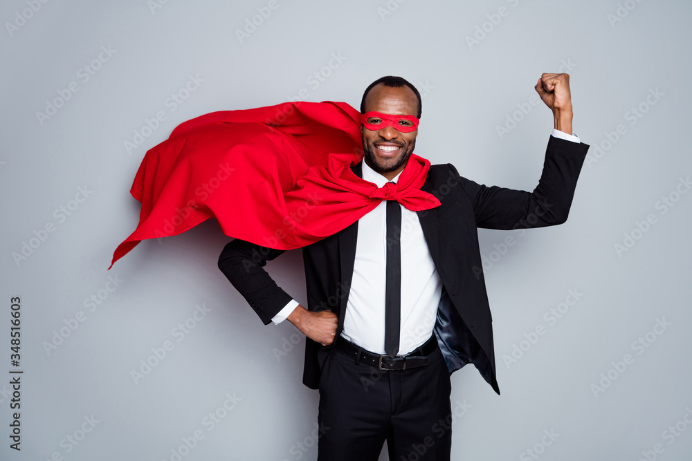 Portrait of nice attractive cheerful cheery guy wearing suit hero guy ...