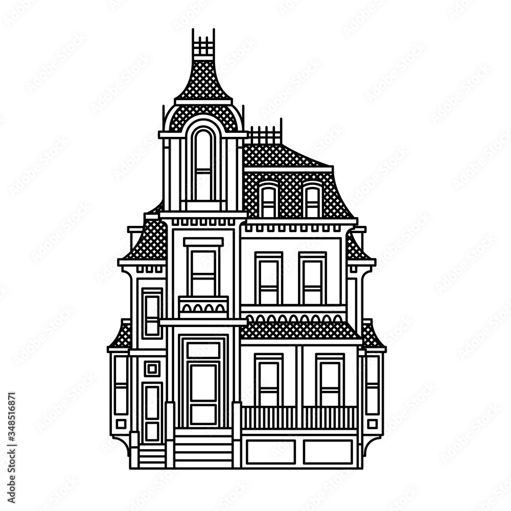 beautiful Victorian house. simple black and white vector drawing Stock ...