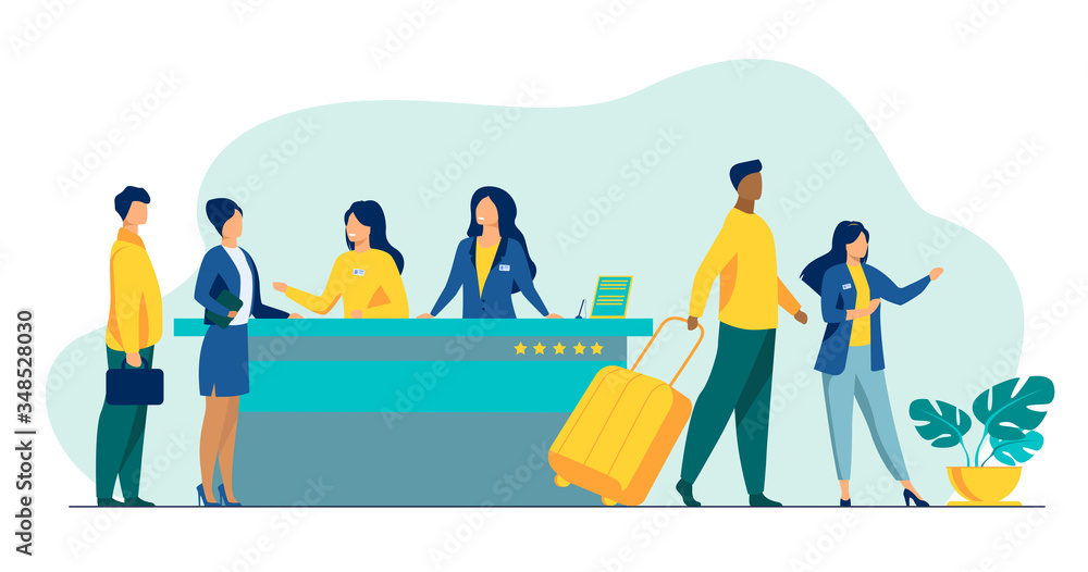Friendly receptionists from hotel registration desk help client vector ...