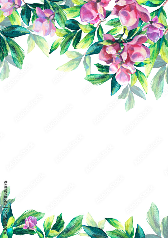rectangle Floral frame with pink Flowers and leaves. Hand painted ...