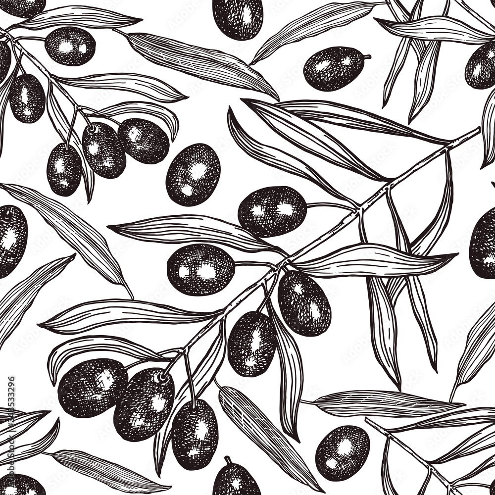 Seamless pattern with olive branches, olives and olive tree leaves ...