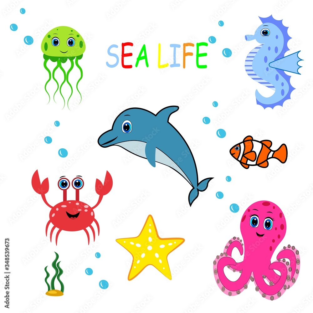 Cute colorful sea animals. Marine life. Ocean wildlife . Octopus, whale ...