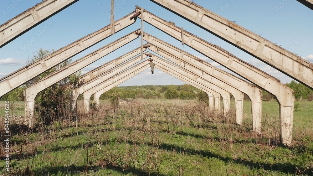 Old abandoned barn. Old abandoned concrete structure farm. Interior of ...